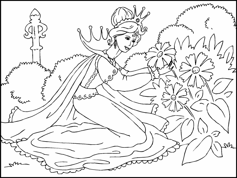 Princess admiring Flowers coloring page - Coloring Pages 4 U